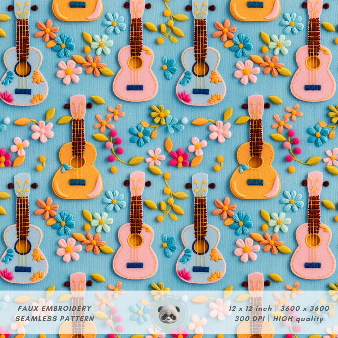3d Floral Guitar Faux Felted Embroidery Seamless Pattern, Guitarist ...