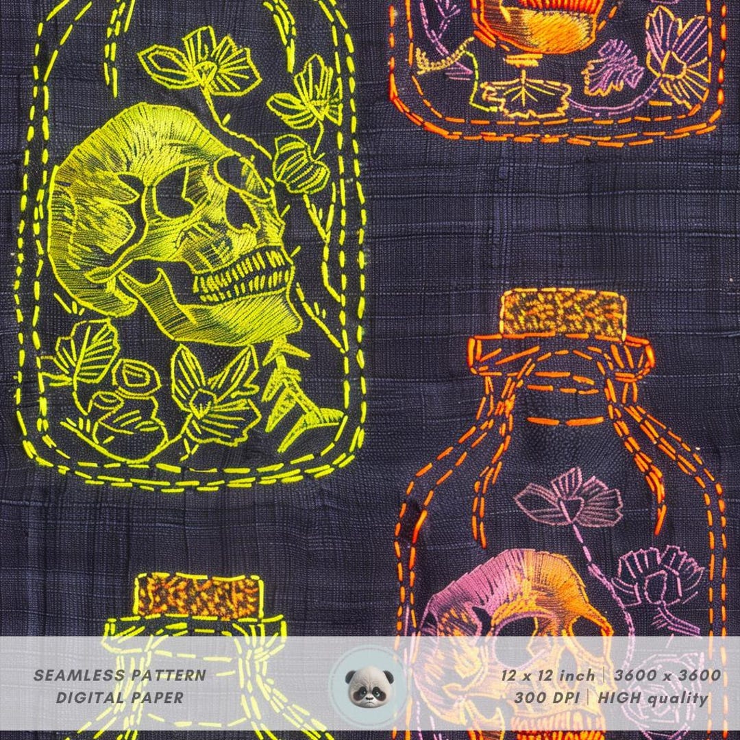 3d Neon Moody Floral Skull in Bottle Jar Seamless Pattern, Faux ...