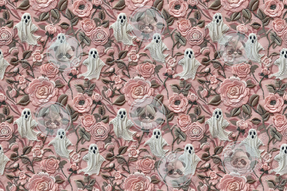 3d Rose Ghosts Pink Flowers Seamless Pattern, Halloween Background ...