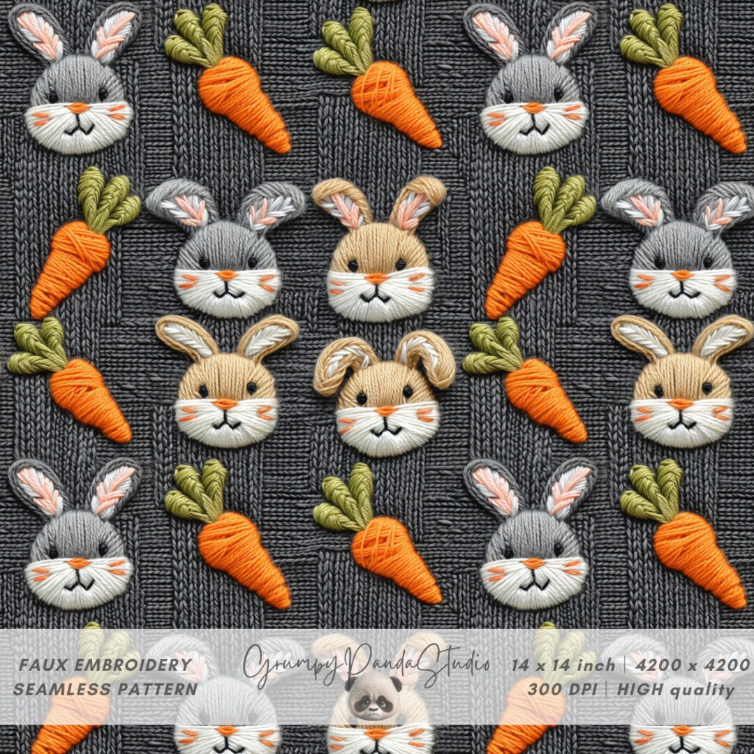 3d Knitted Easter Bunny and Carrot Seamless Pattern, Charcoal Grey ...