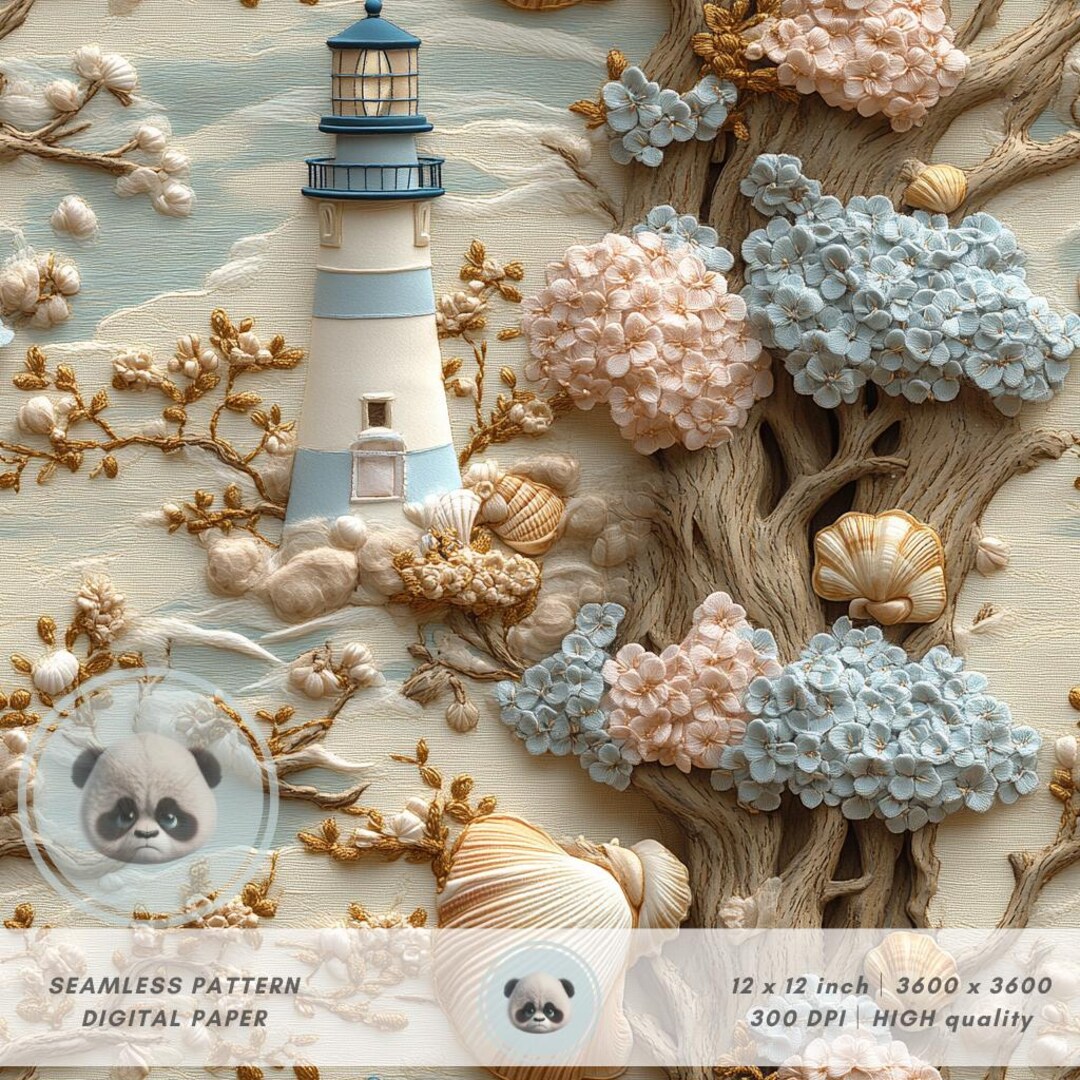 3d Coastal Lighthouse Seamless Pattern, Faux Embroidery Nautical ...