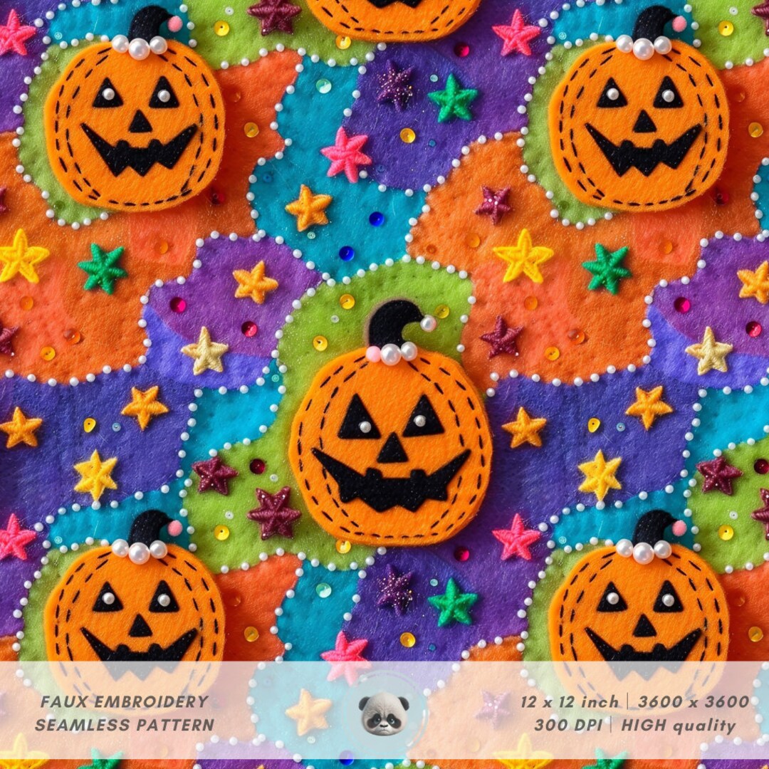 3d Colorful Halloween Pumpkin Seamless Pattern, Faux Embroidery for DIY ...
