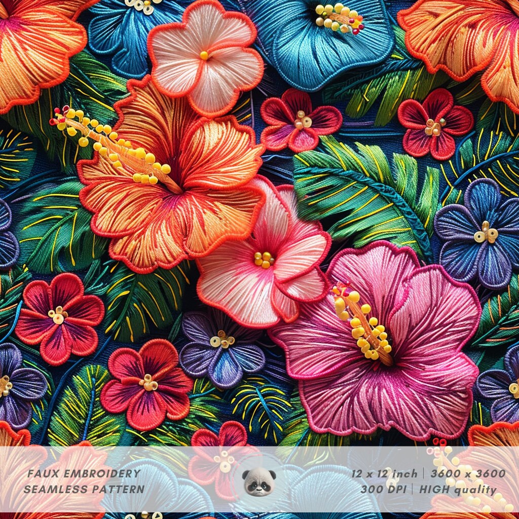 3d Summer Hibiscus Seamless Pattern, Faux Embroidery for Fabric ...