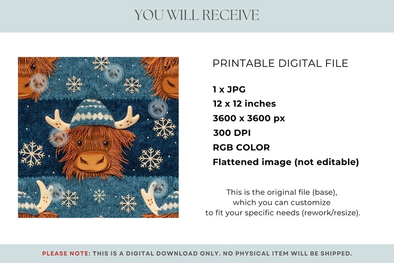 Winter Highland Cow Nursery Print, Snowflake Seamless Pattern, Cute ...