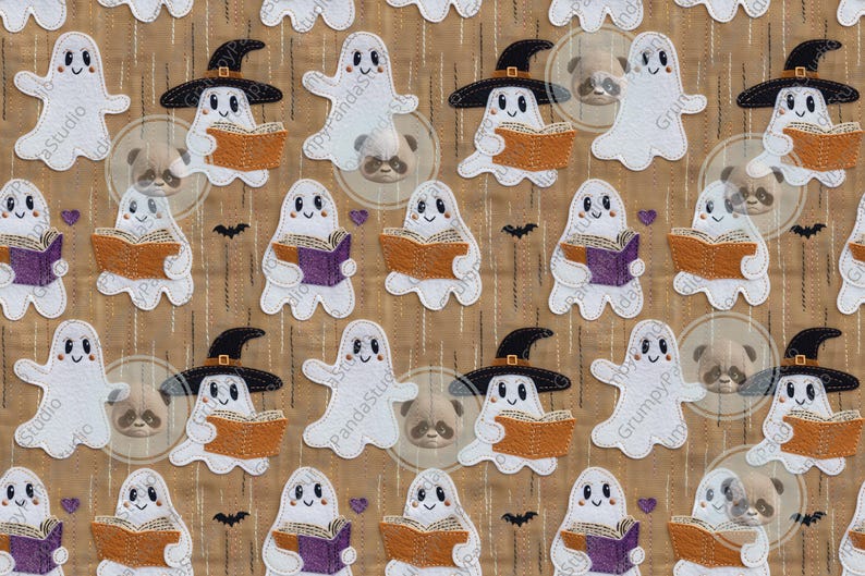 3d Whimsical Witchy Ghost Bookish Print Seamless Pattern, Spooky Bat ...