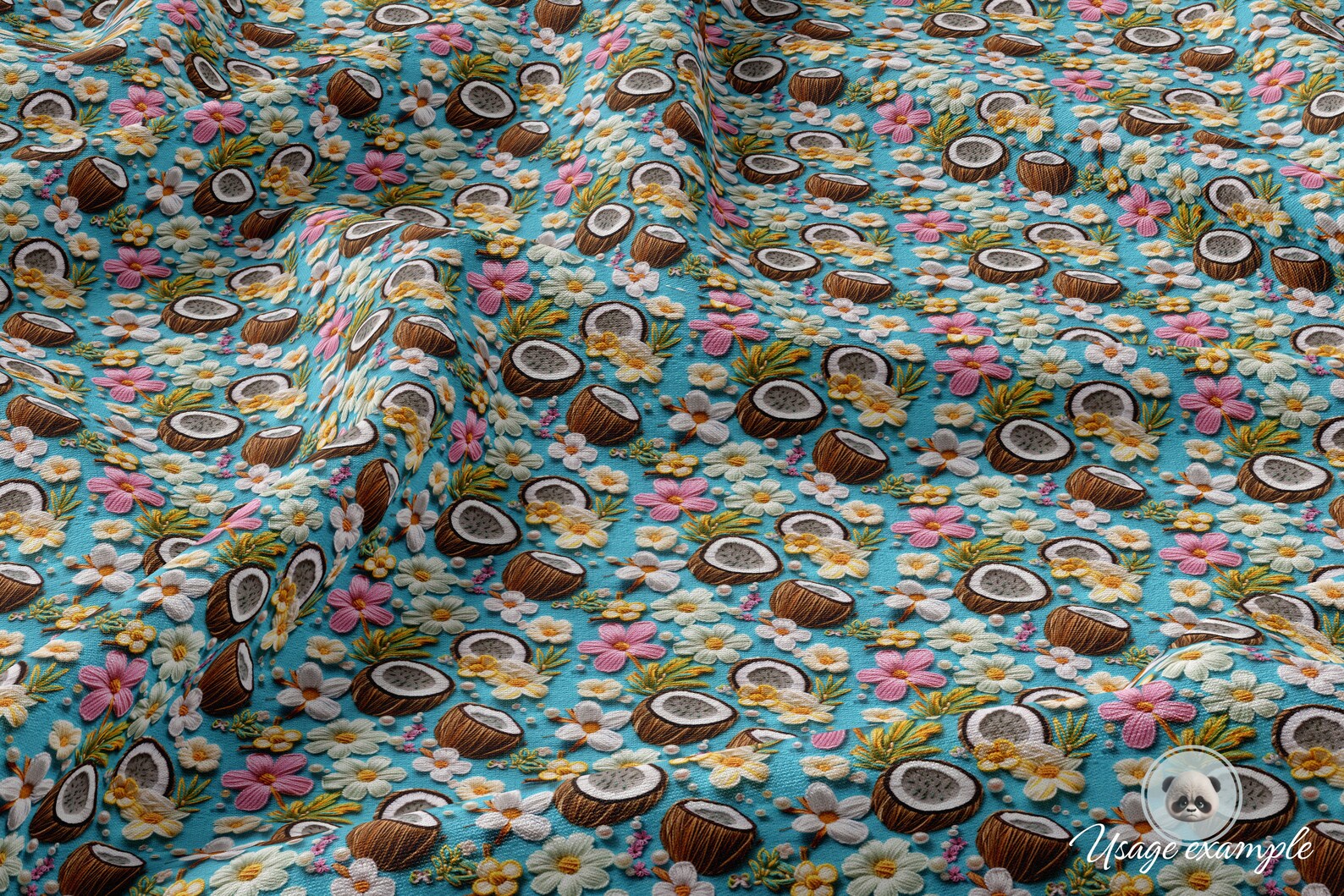 3d Coconut and Pearls Seamless Pattern, Faux Embroidery Hawaiian Fabric ...