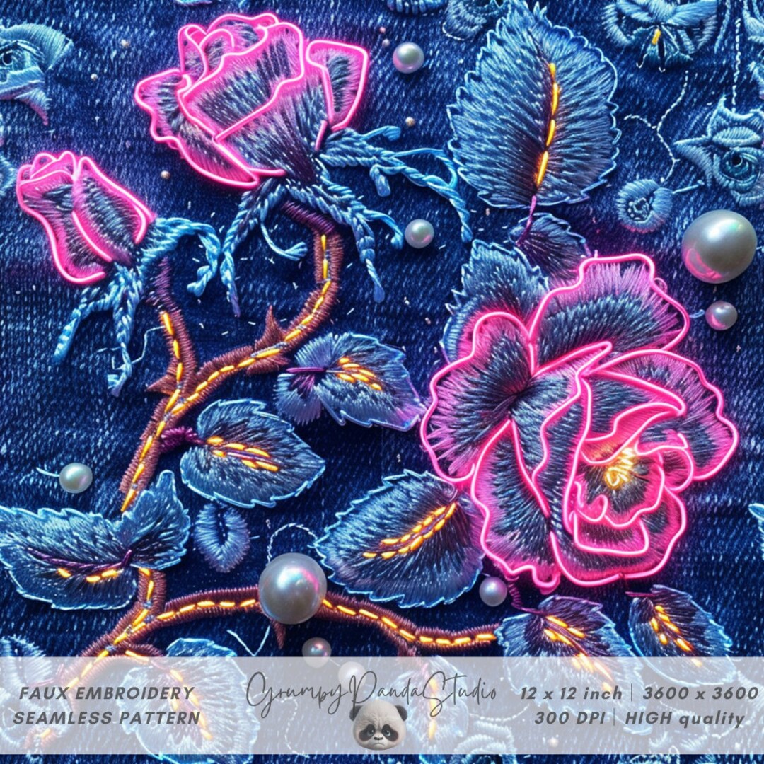 3D Neon Pink Roses Seamless Pattern, Faux Embroidery Glowing Flowers on ...
