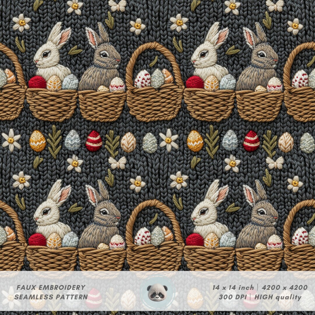 3d Bunnies in Easter Basket Seamless Pattern, Faux Embroidery Knit ...