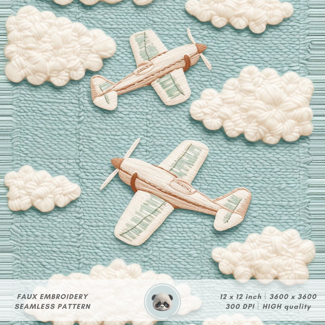 3d Airplane Seamless Pattern, Faux Embroidery Pastel Knit Fabric Design ...