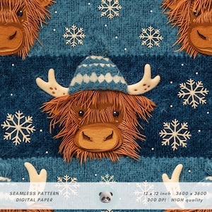 Winter Highland Cow Nursery Print, Snowflake Seamless Pattern, Cute ...