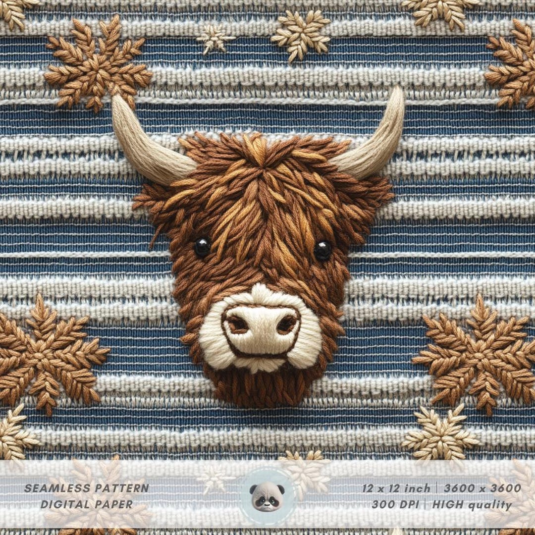 3d Winter Highland Cow Snowflake Seamless Pattern, Faux Knit Embroidery ...