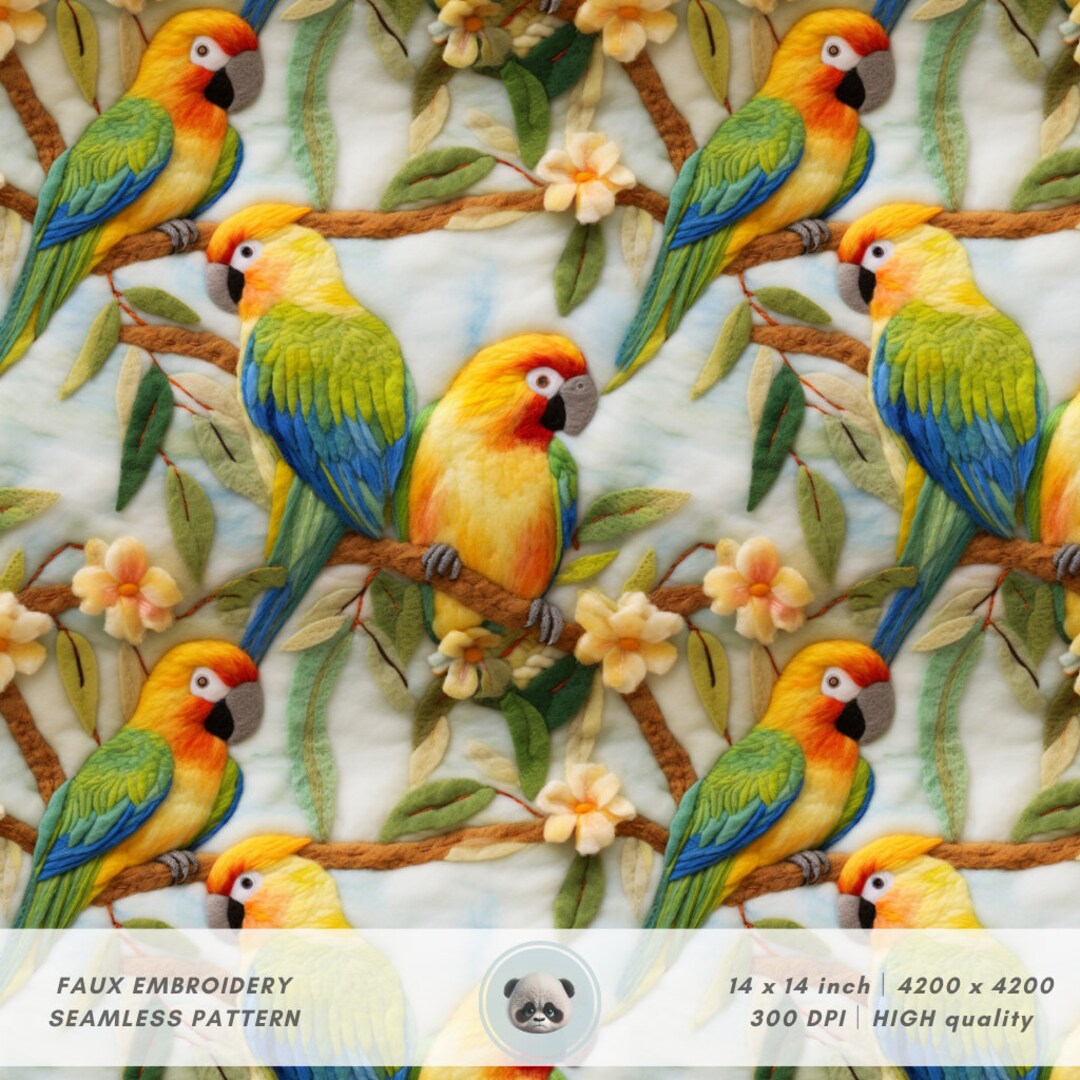 3d Felt Parrot Seamless Pattern, Faux Embroidery Exotic Birds Fabric ...