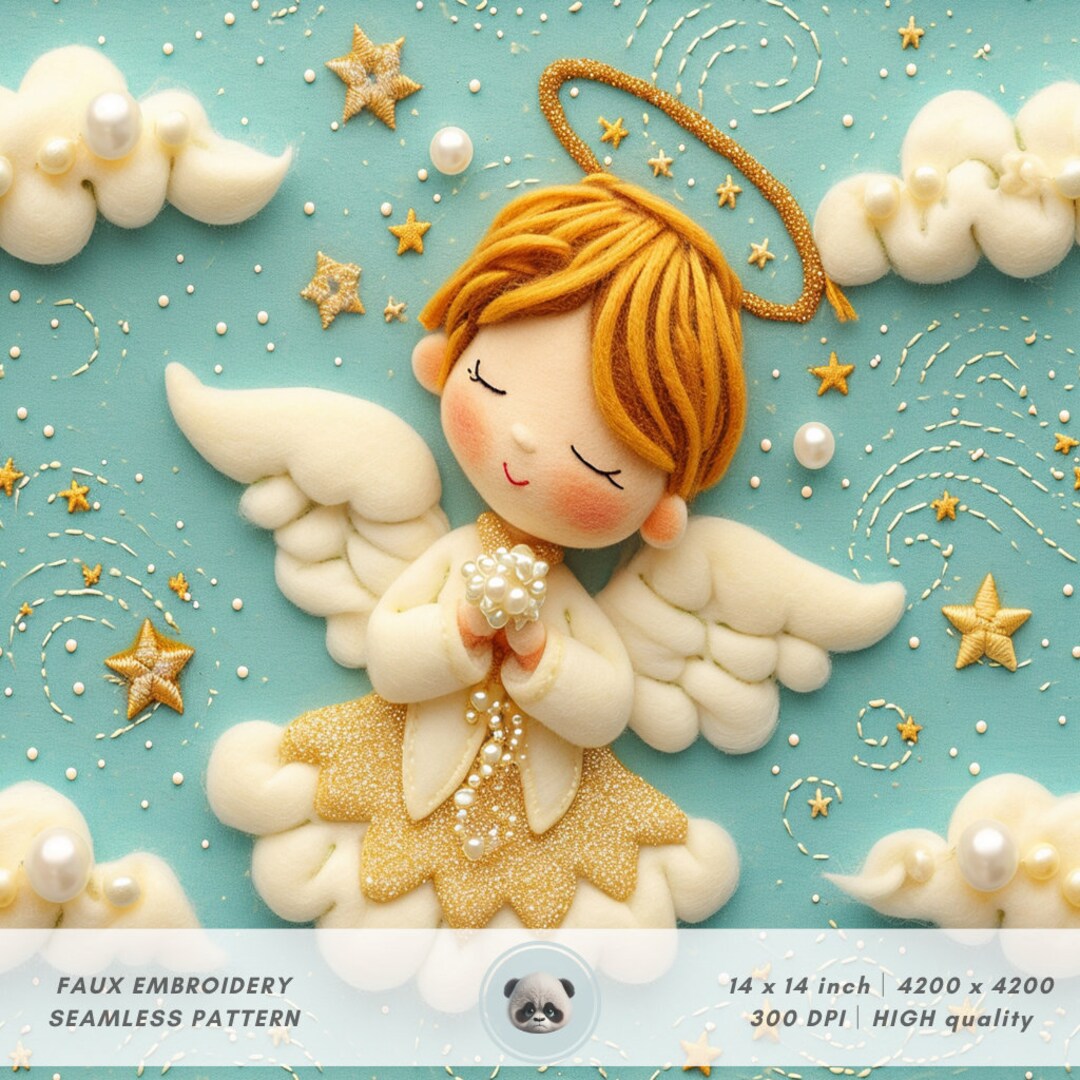 3d Cute Angel Seamless Pattern, Faux Felt Embroidery Fabric Design ...