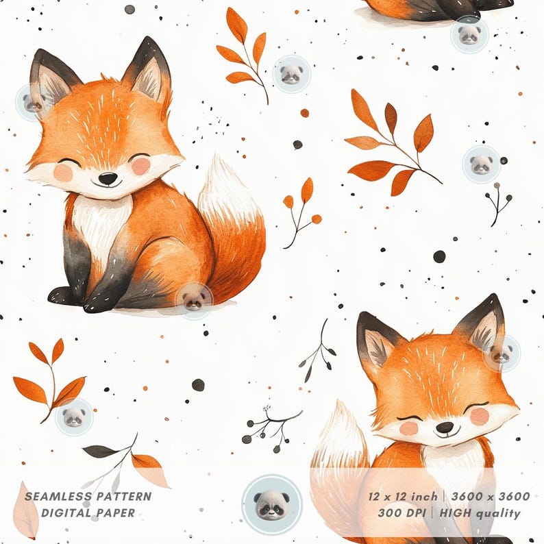 Watercolor Fox Woodland Seamless Pattern, Cute Autumn Forest Animal ...