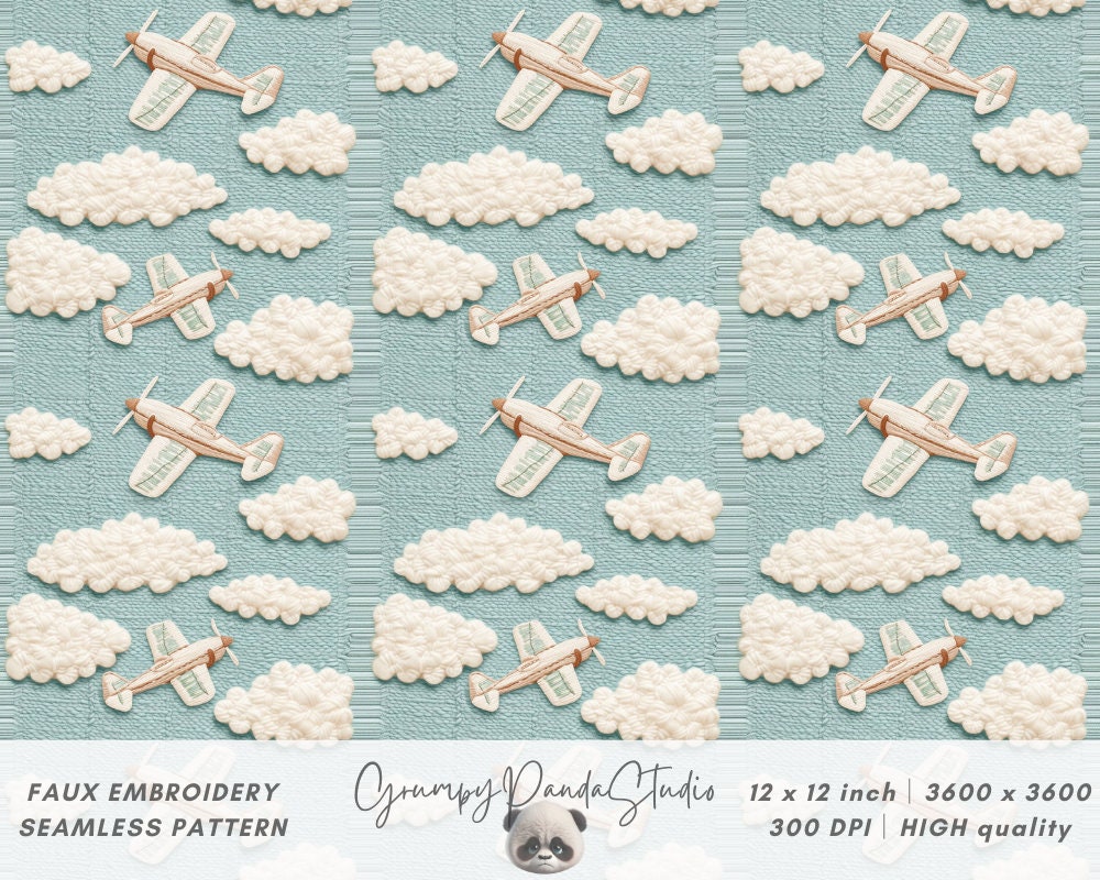 3d Airplane Seamless Pattern, Faux Embroidery Pastel Knit Fabric Design ...
