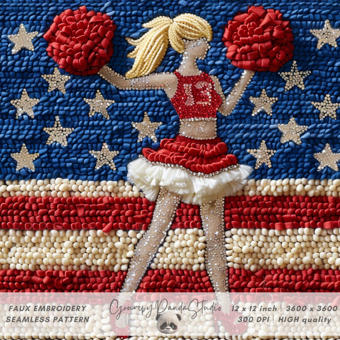 3d USA Cheerleader With Pom Pom Seamless Pattern, Faux Embroidery ...