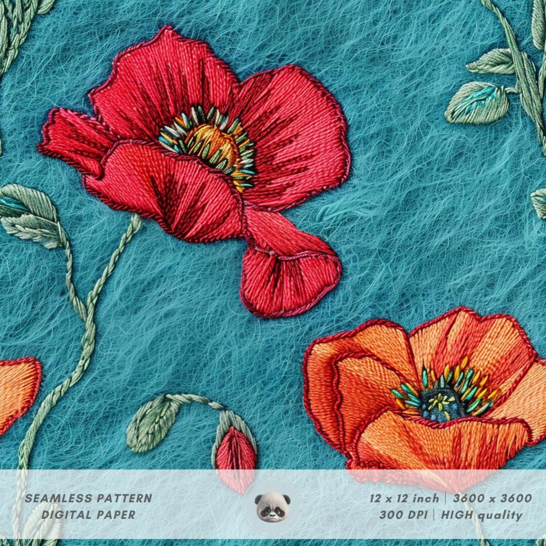 3d Red Poppy Faux Embroidery Seamless Pattern, Birth Month Flower ...