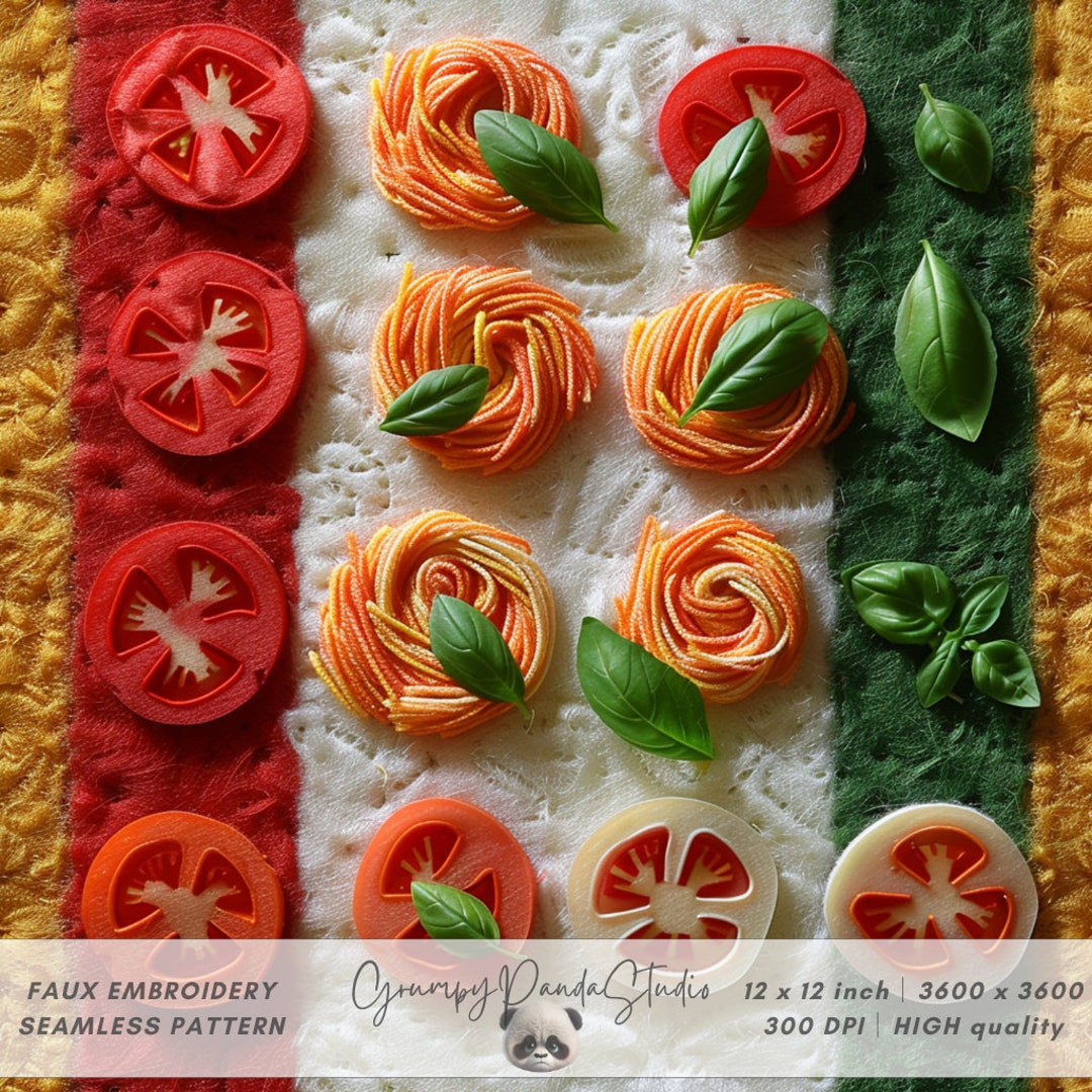 3d Italian Pasta Seamless Pattern, Faux Embroidery Kitchen Decor Print ...