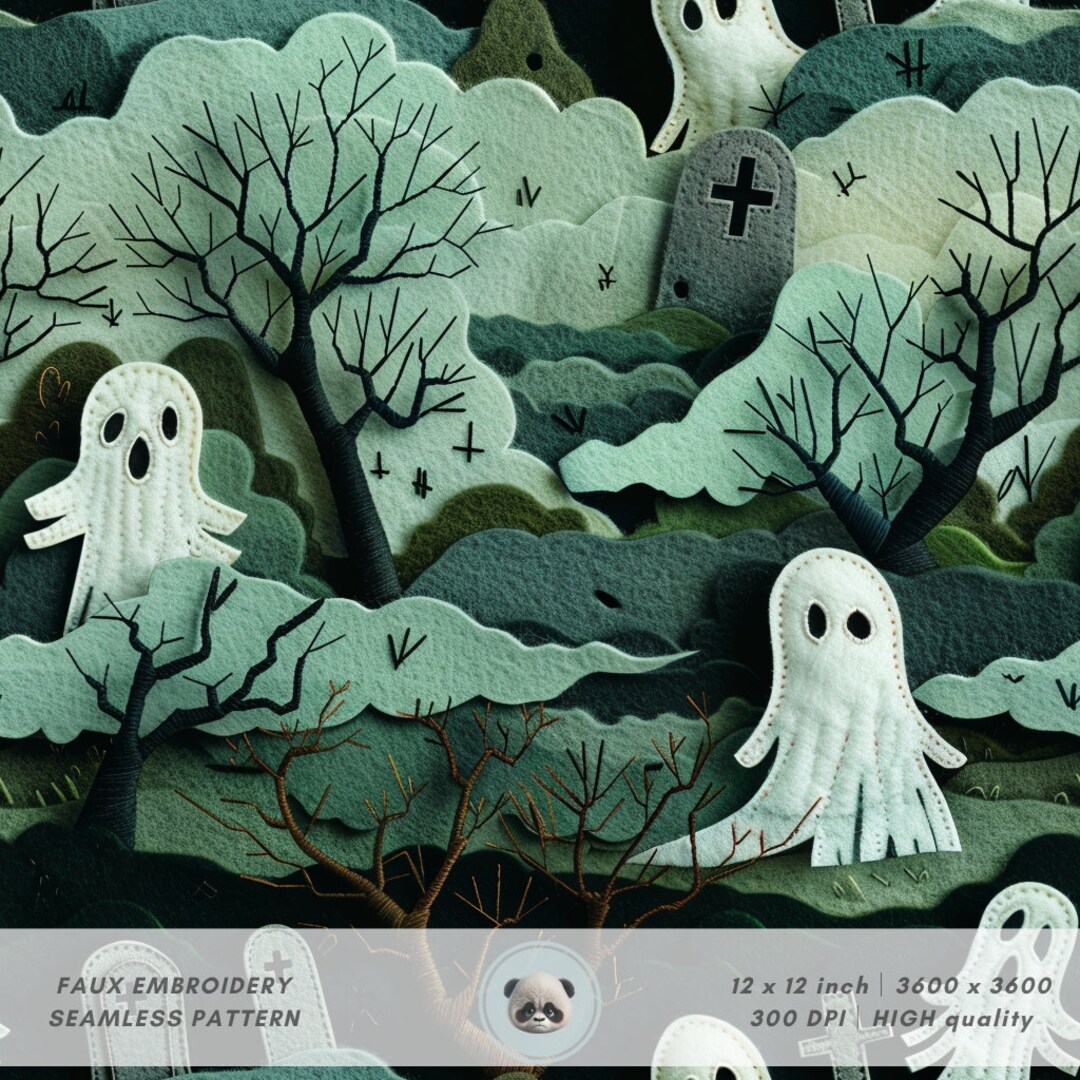 3d Haunted Cemetery Ghosts Seamless Pattern, Faux Felt Embroidery ...