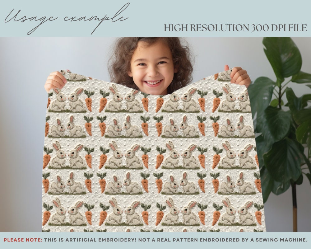 3d Bunny and Carrot Seamless Pattern, Faux Embroidery Sherpa Fleece ...