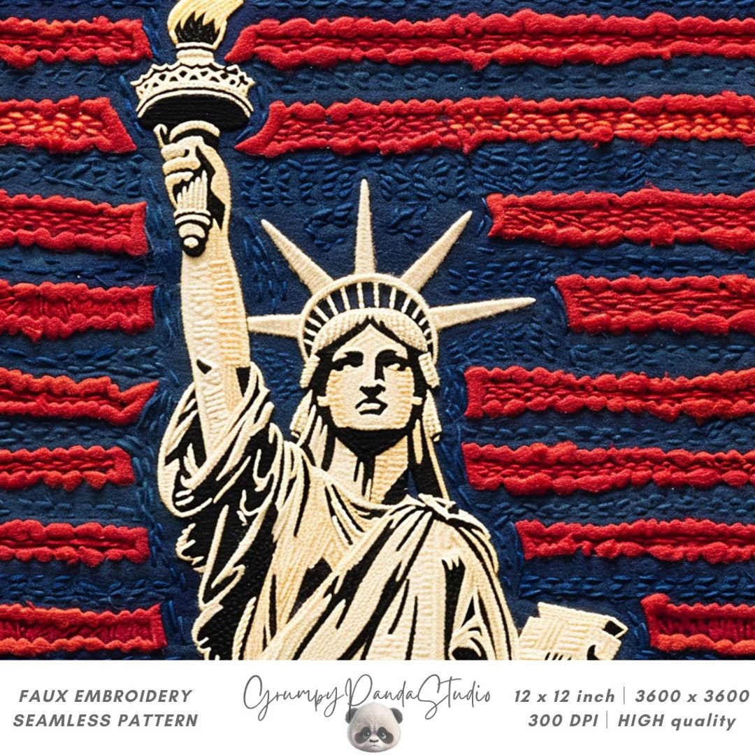 3d Statue of Liberty Seamless Pattern, Faux Embroidery Stripes Fabric ...