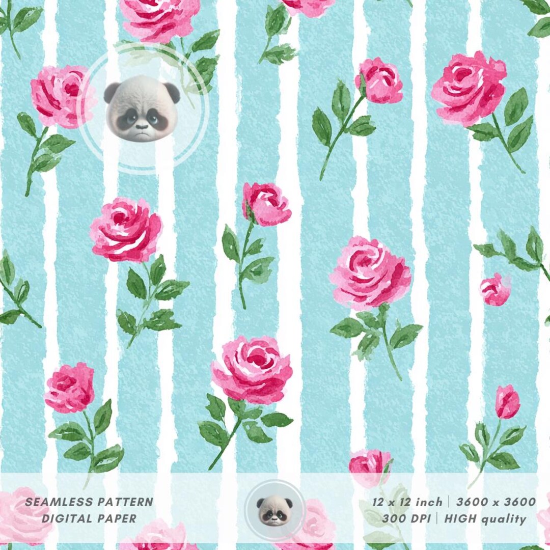 Watercolor Shabby Chic Pink Rose Digital Paper, Blue Stripes Seamless ...