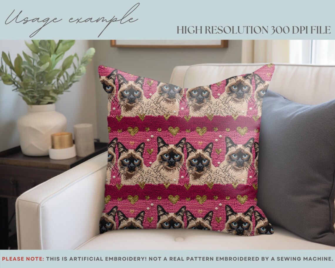 3d Siamese Cat Seamless Pattern, Faux Embroidery Pink Knitted Fabric ...