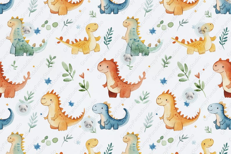 Watercolor Dinosaurs Seamless Pattern, Cute Nursery Jungle Animal ...