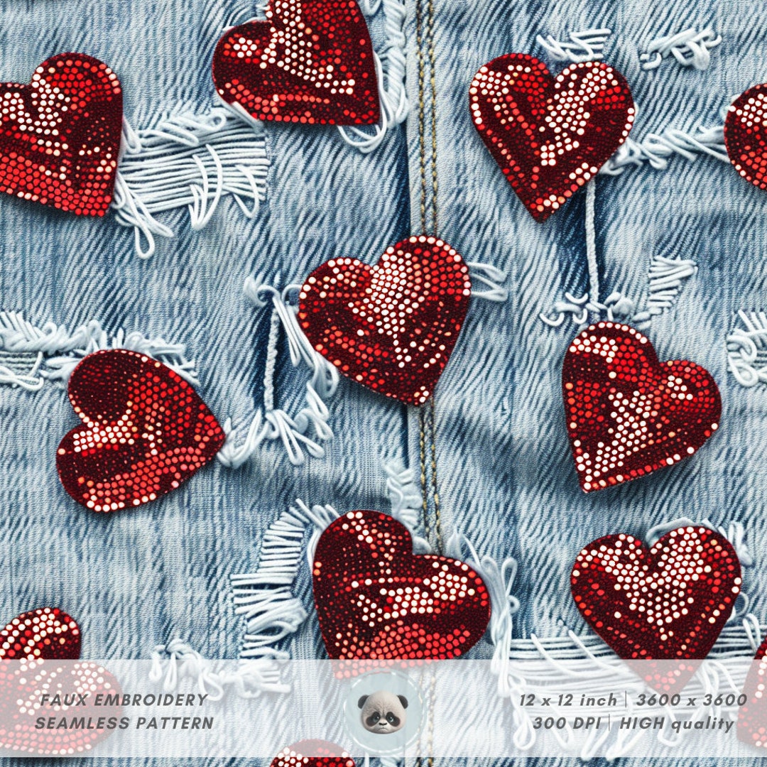 3d Sparkly Red Hearts on Ripped Denim Seamless Pattern, Faux Distressed ...