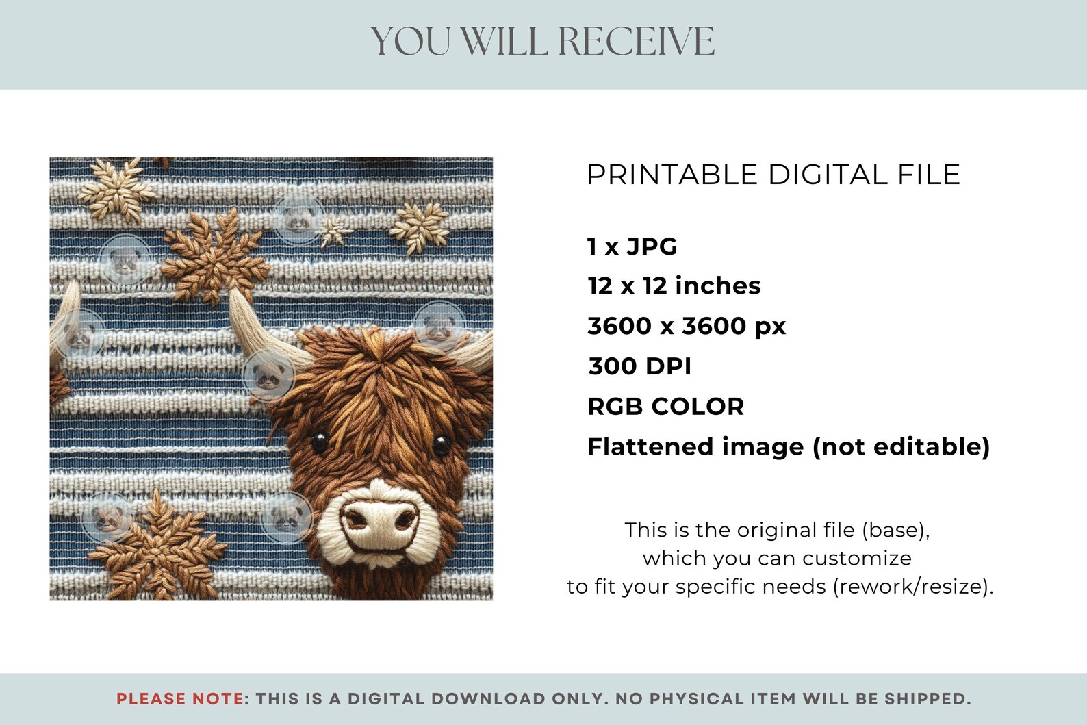 3d Winter Highland Cow Snowflake Seamless Pattern, Faux Knit Embroidery ...