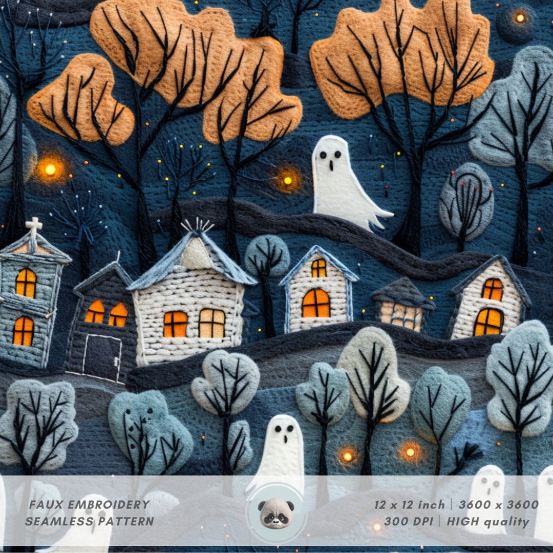 3d Halloween Ghost Town Seamless Pattern, Faux Embroidery for Fabric ...