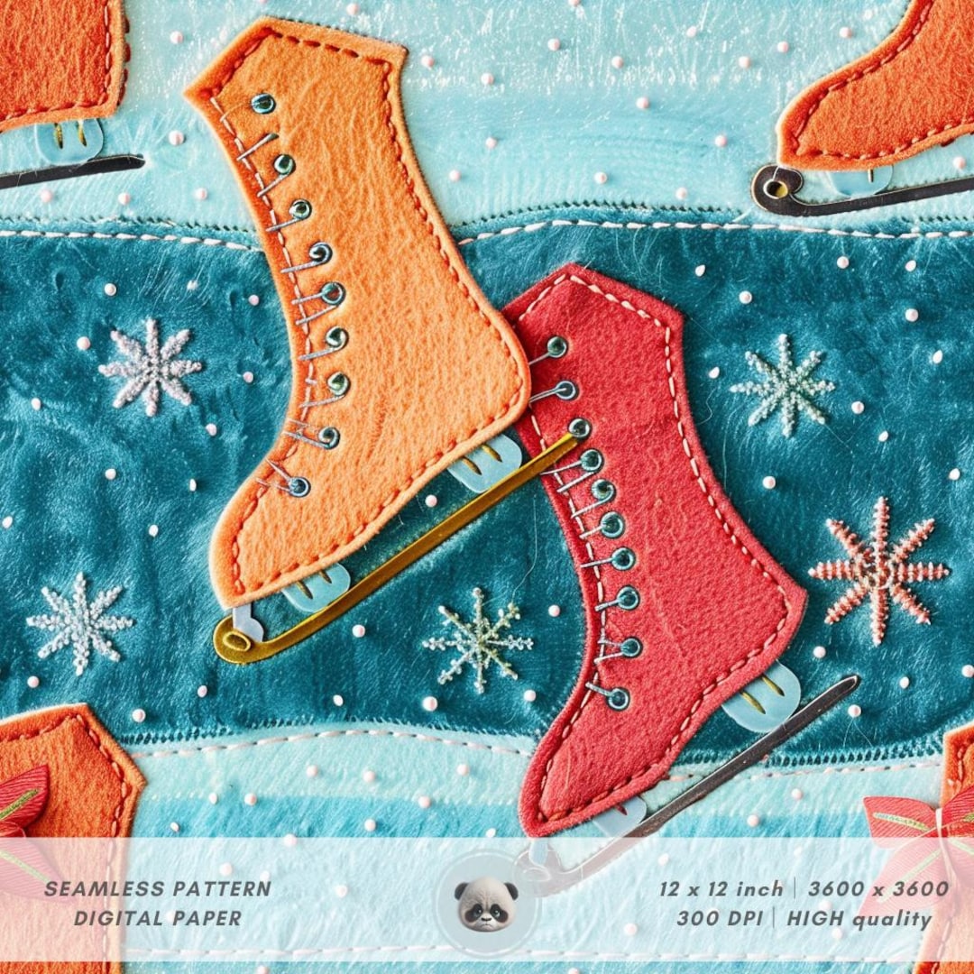 3d Ice Skates Seamless Pattern, Faux Felt Embroidery Effect, Christmas ...
