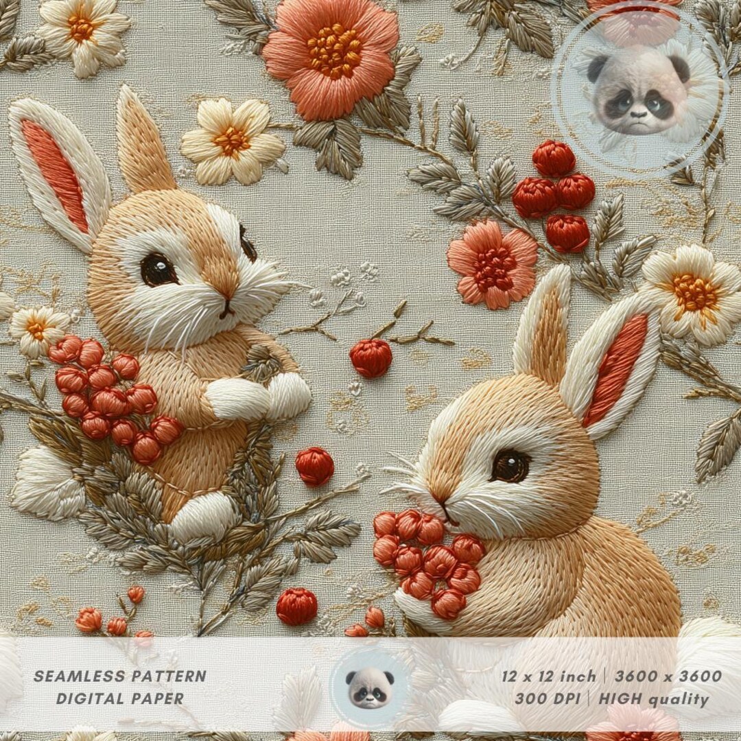 3d Cottagecore Bunny Seamless Pattern, Embroidered Look Rabbit Digital ...