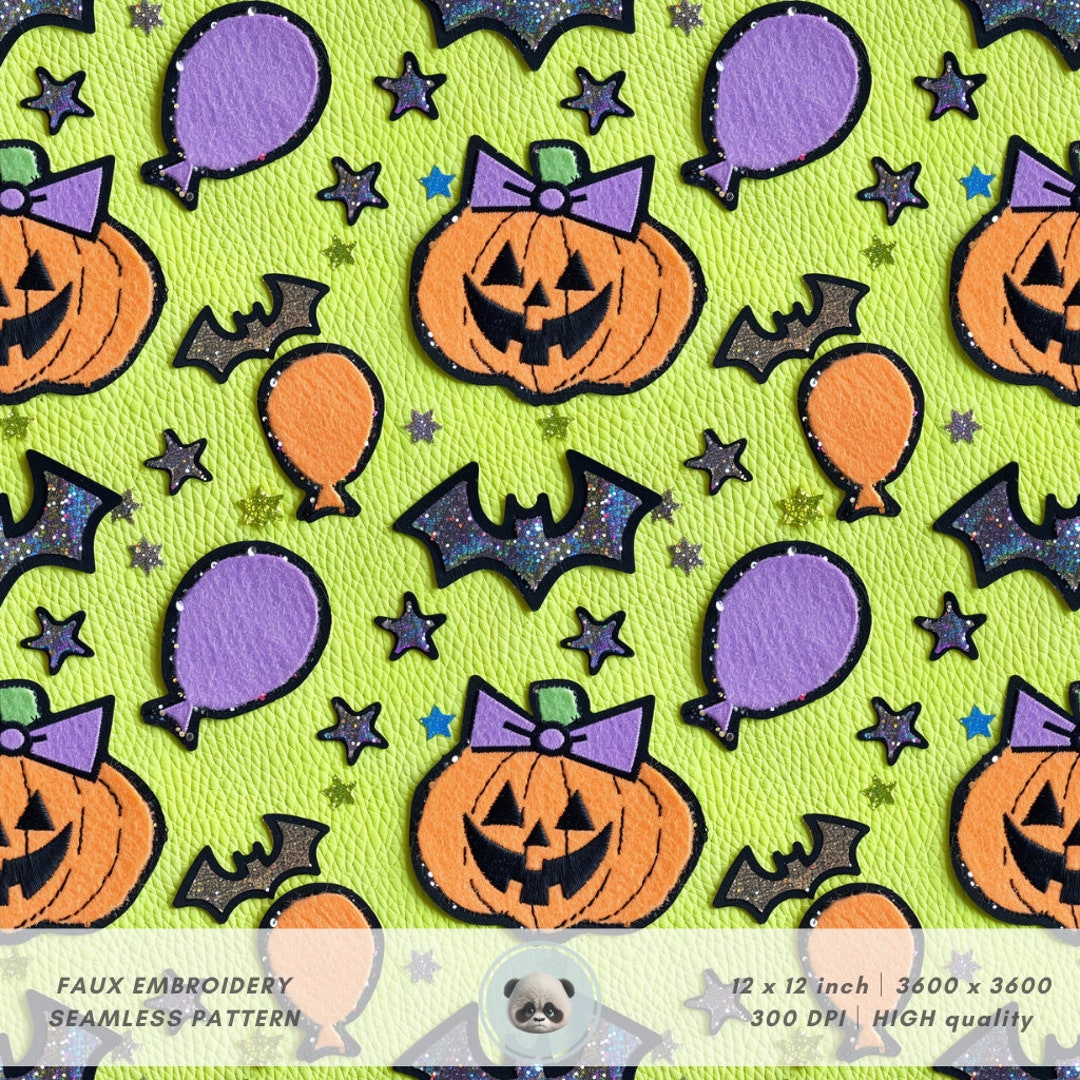 3d Halloween Pumpkins With Bow Seamless Pattern, Faux Leather Neon ...