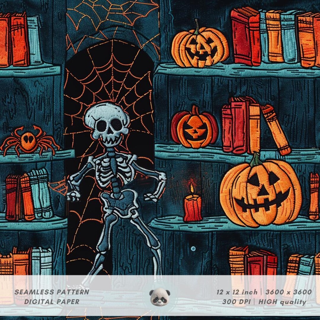 Halloween Skeleton in Book Nook Seamless Pattern, Haunted Bookshelf ...