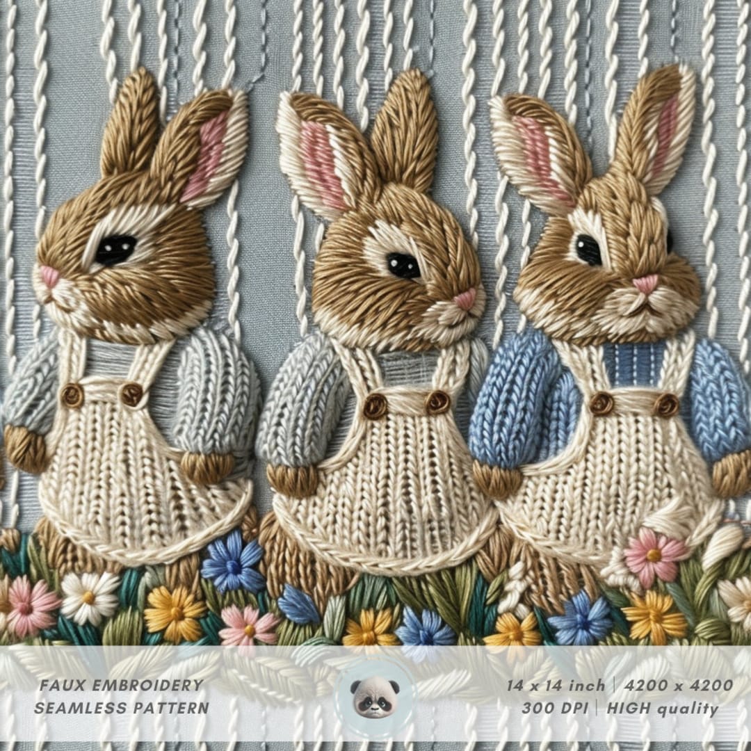 3d Embroidery Spring Bunny Seamless File,faux Embroidery Easter Bunnies ...