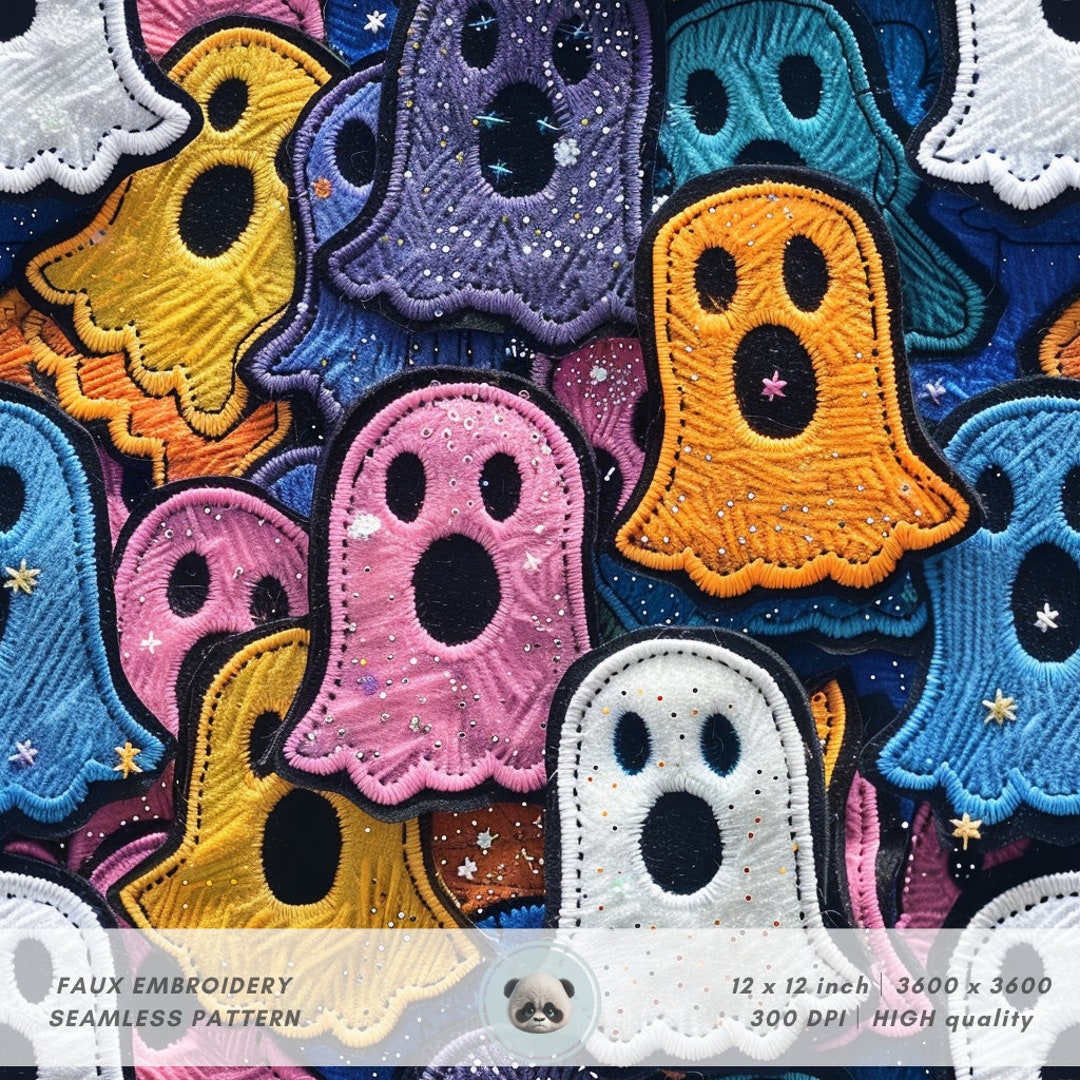 3d Colorful Glittery Ghost Seamless Pattern, Faux Embroidery Halloween ...