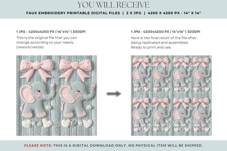 3d Cute Elephant and Pink Bow Seamless Pattern, Faux Embroidery Knit ...
