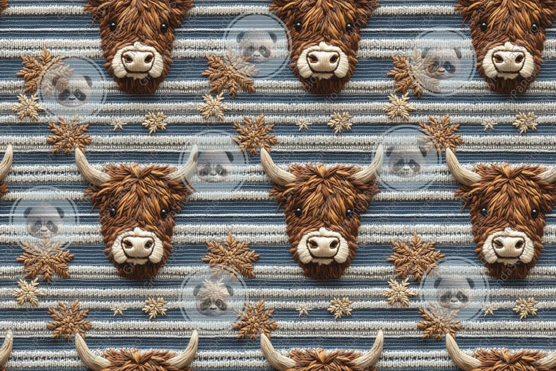 3d Winter Highland Cow Snowflake Seamless Pattern, Faux Knit Embroidery ...