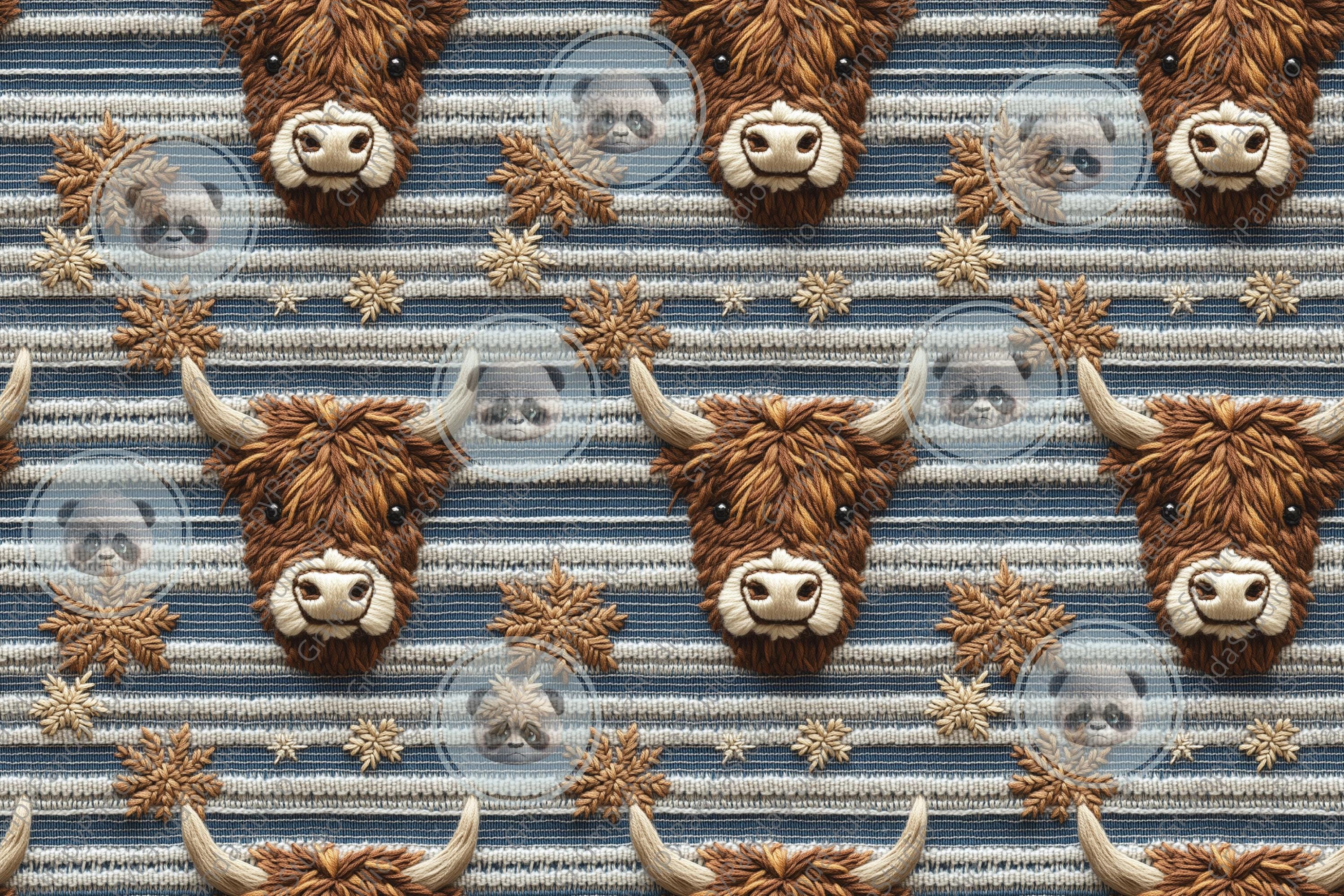 3d Winter Highland Cow Snowflake Seamless Pattern, Faux Knit Embroidery ...