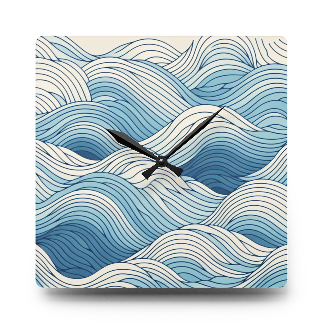 Clock Art Deco Wall Clock Wavy Pattern for Coastal Home Decor Blue Wavy ...
