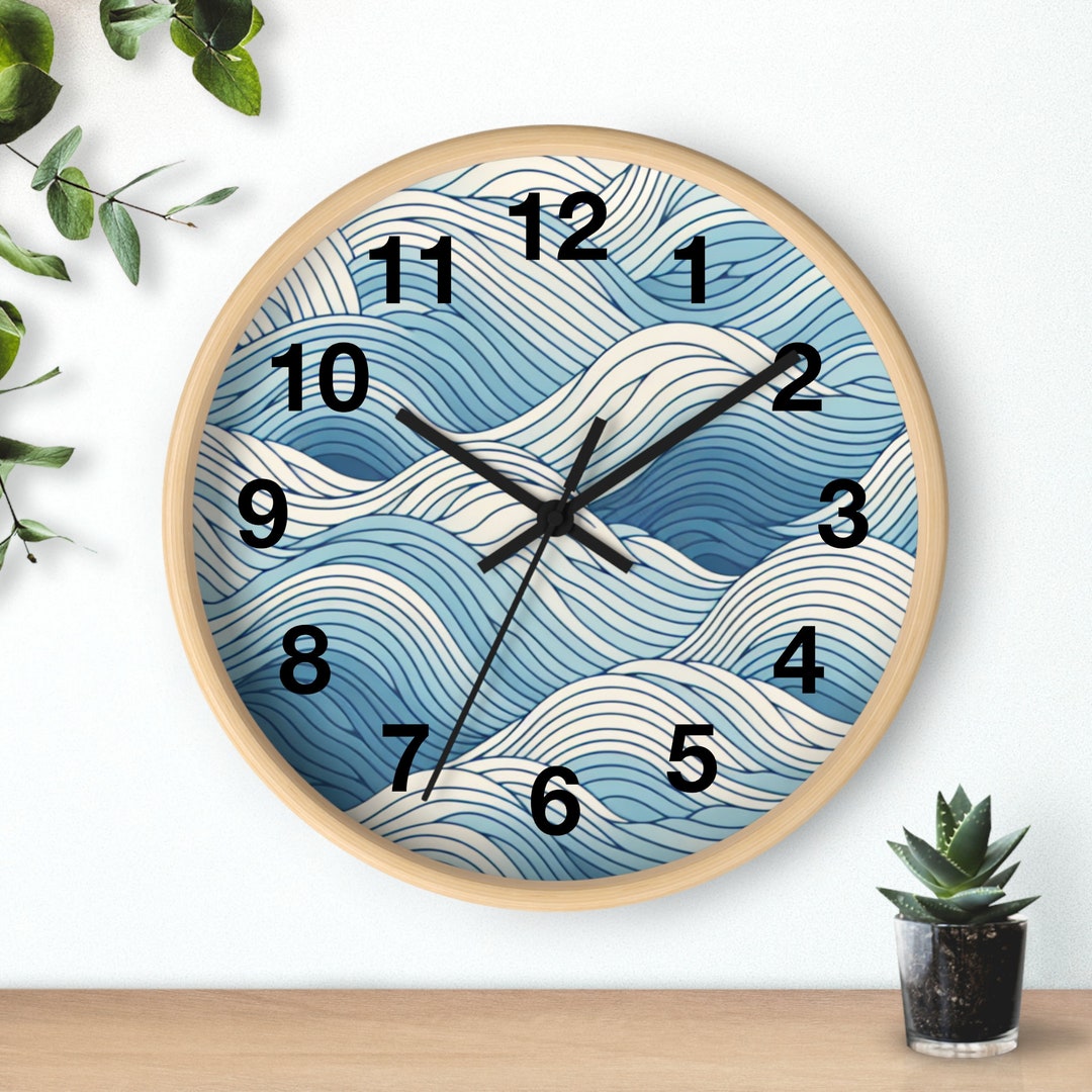 Clock Classic Blue Wavy Pattern Wall Clock for Coastal Home Decor Clock ...