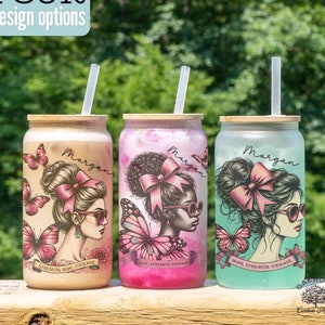 Personalized Messy Bun Mom Pink Awareness Breast Cancer Survivor Glass ...