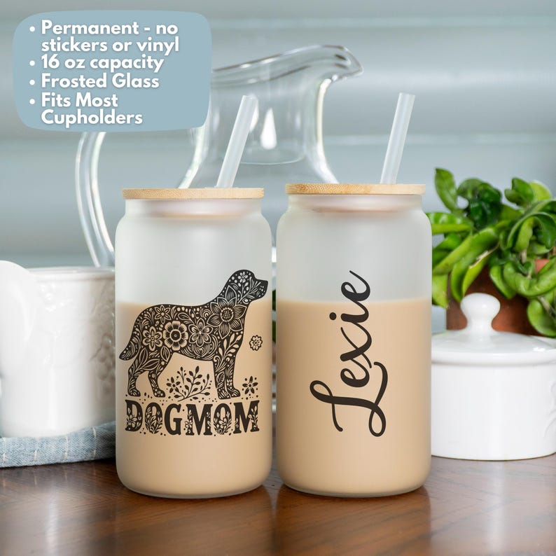 Personalized Dog Mom Frosted Glass Cup, Custom Dog Mom Sipper Cup, Dog ...