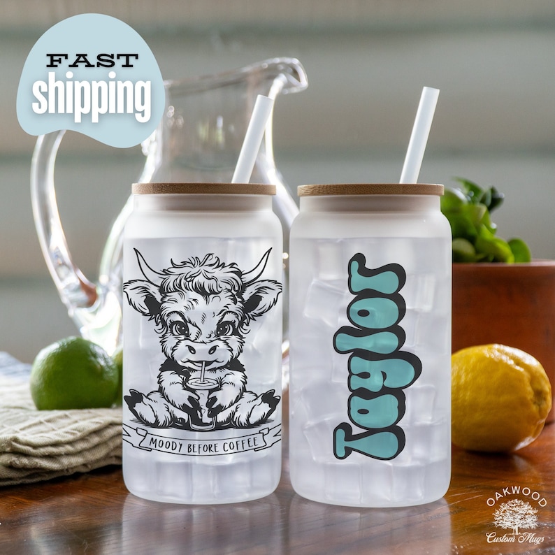 Personalized Highland Cow Frosted Glass Cup, Cow Custom Name Sipper ...