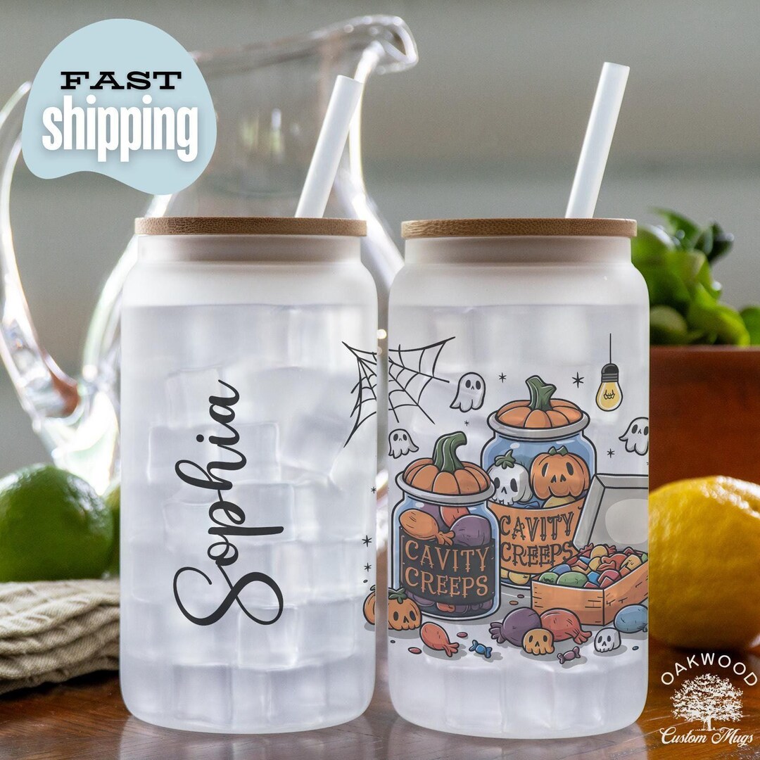 Personalized Cavity Creeps Glass Tumbler, Whimsical Halloween Glass Cup ...