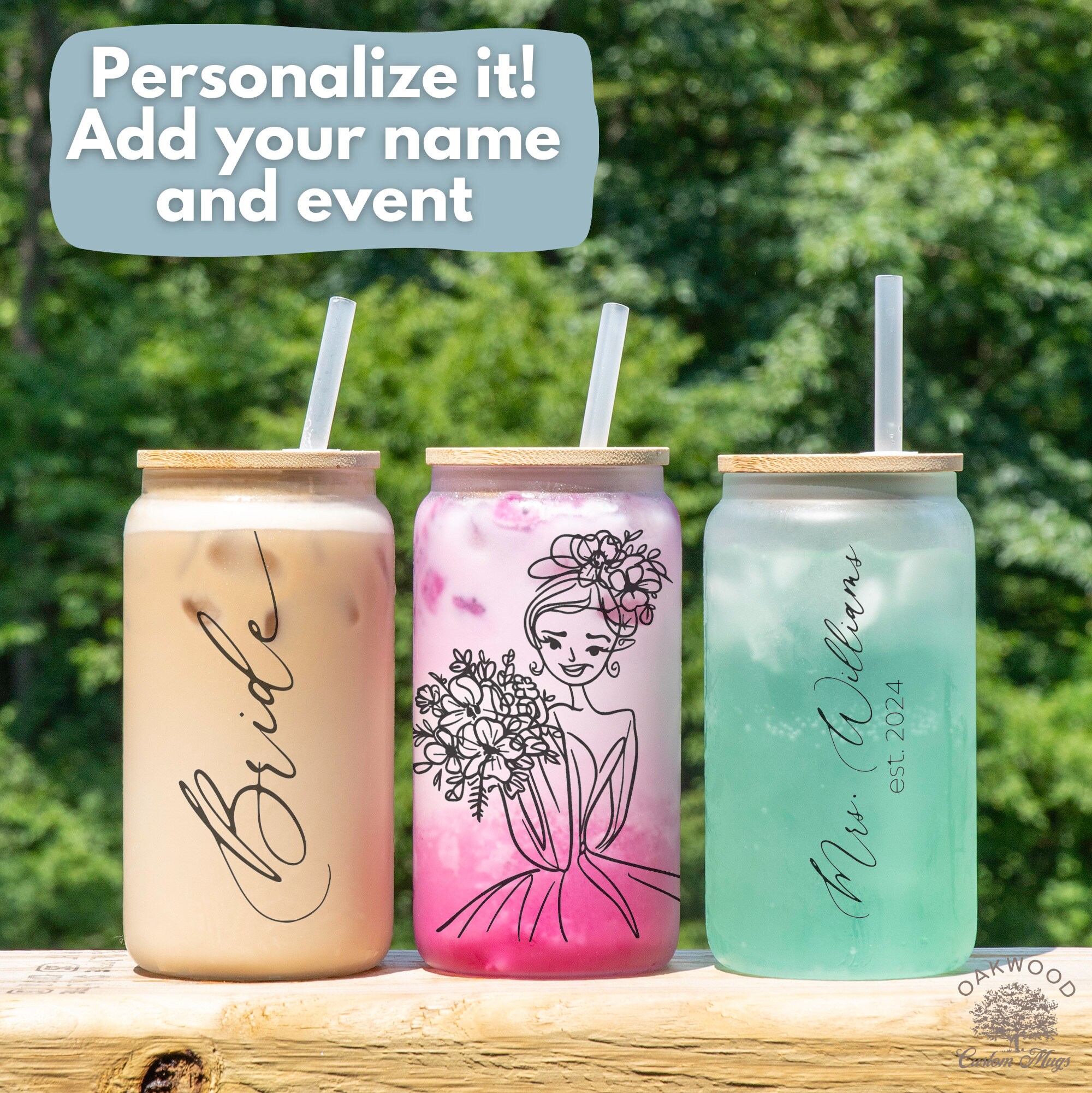 Personalized Bride Frosted Glass Cup With Lid and Straw, Custom Bridal ...