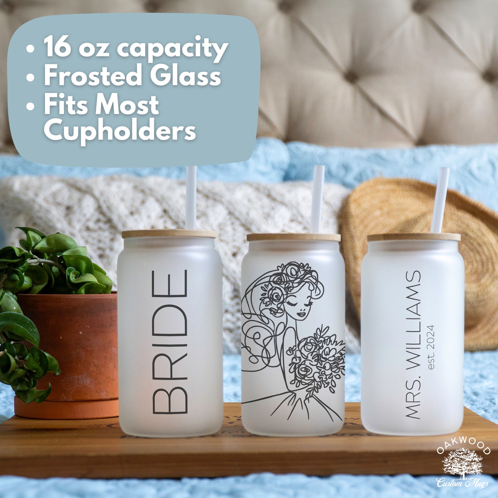 Personalized Bride Frosted Glass Cup With Lid and Straw, Custom Bridal ...