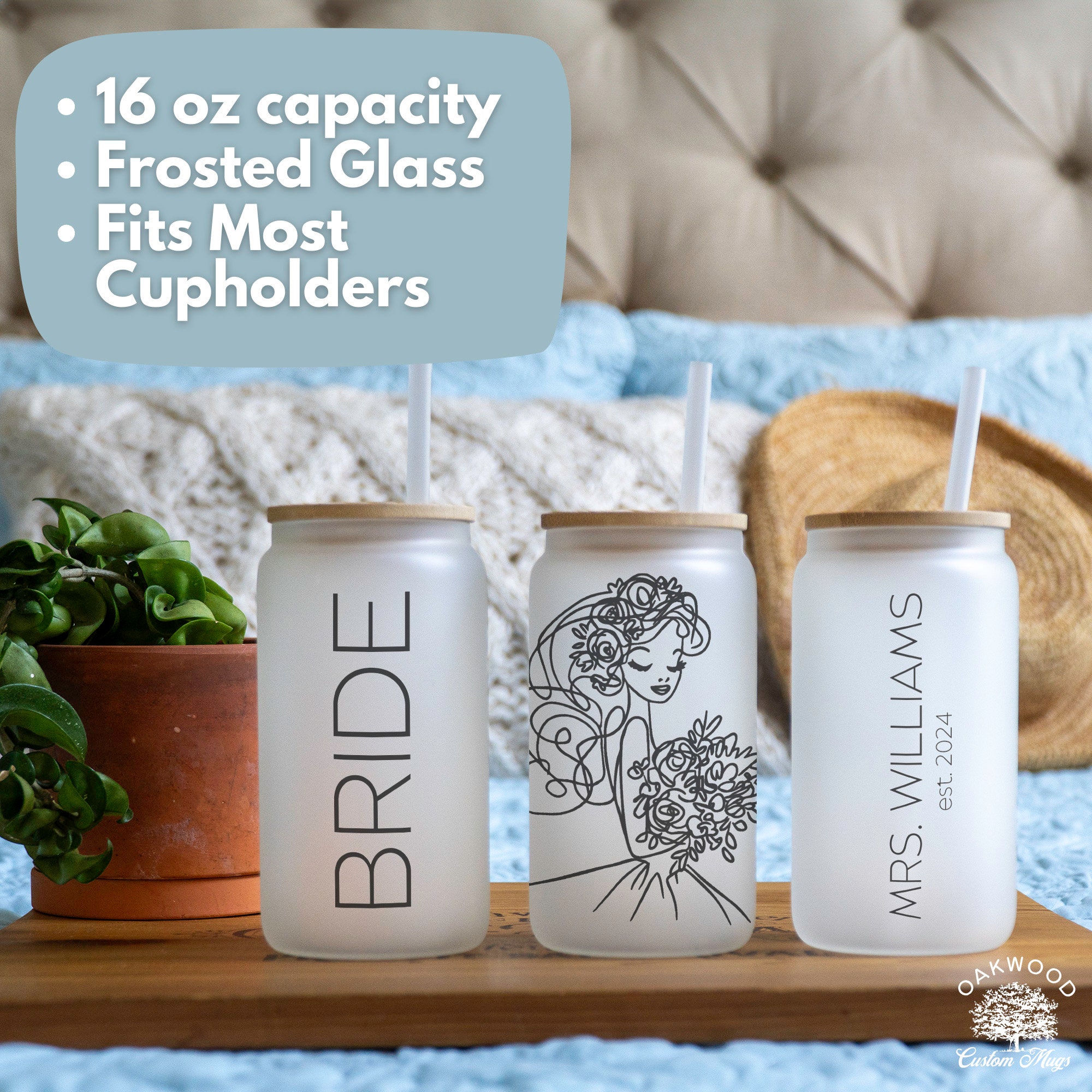 Personalized Bride Frosted Glass Cup With Lid and Straw, Custom Bridal ...