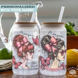 Personalized Messy Bun Mom Pink Awareness Breast Cancer Survivor Glass ...